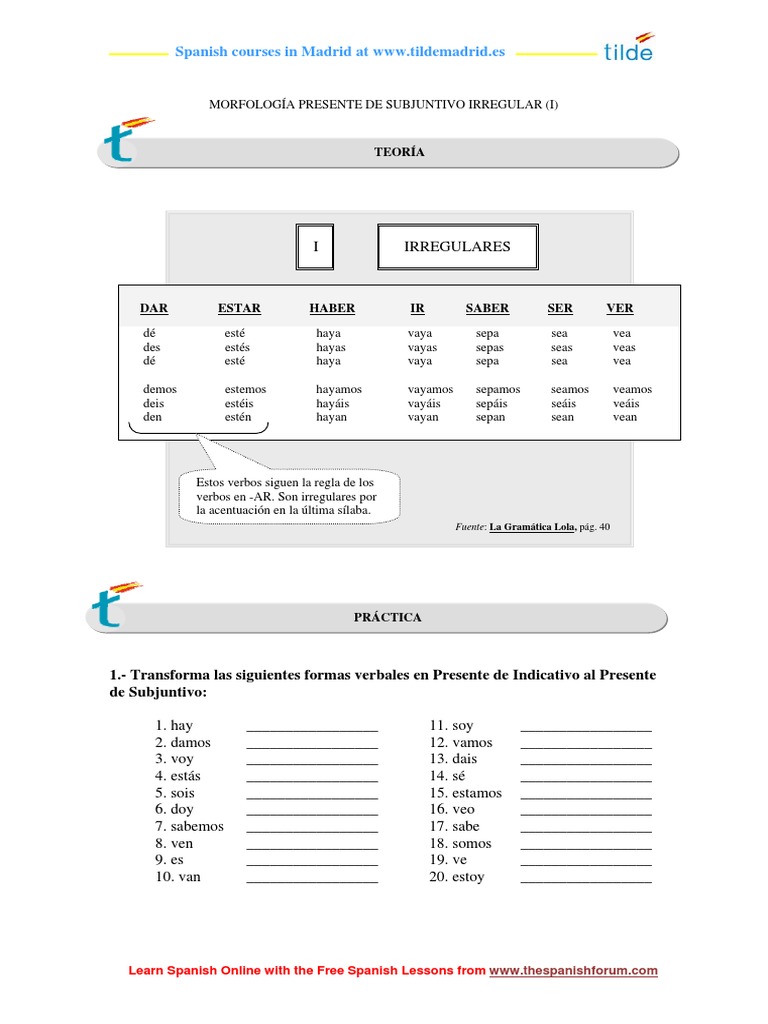 Spanish Grammar Exercises b1 Presente Subjuntivo Irregular I | PDF ...