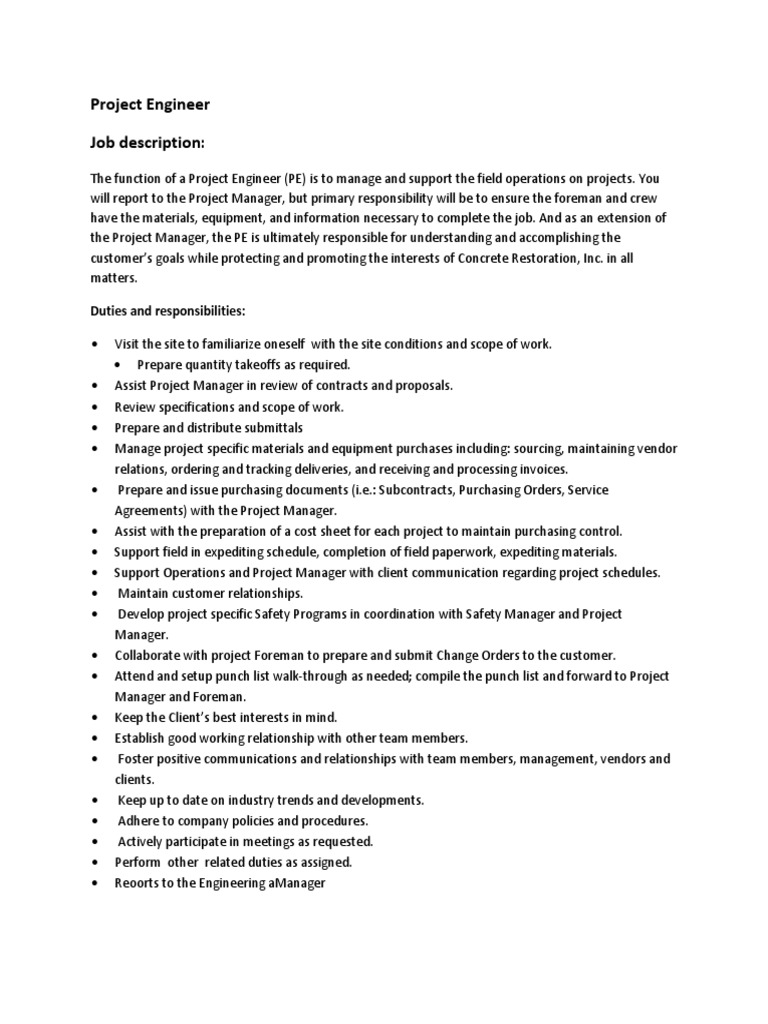 Project Engineer Job Description:: Duties and Responsibilities | PDF