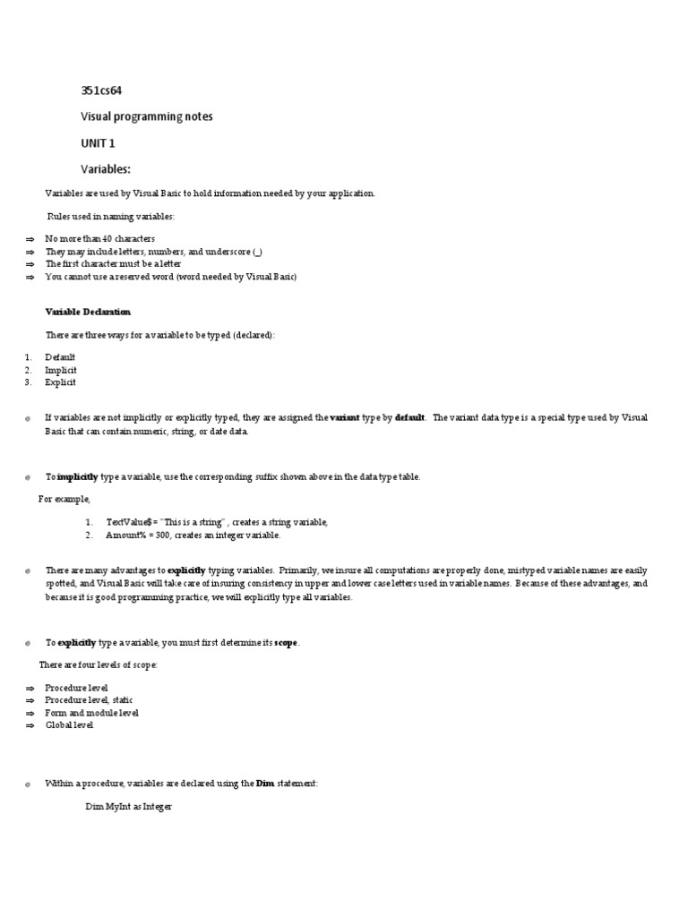 351cs64 Visual Programming Notes Unit 1 Variables:: Variable ... 351cs64 Visual Programming Notes Unit 1 Variables:: Variable ...