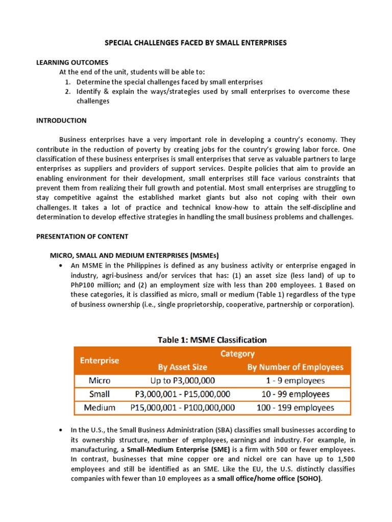 BA 63 MODULE Special Challenges Faced by Small Enterprises | PDF ...