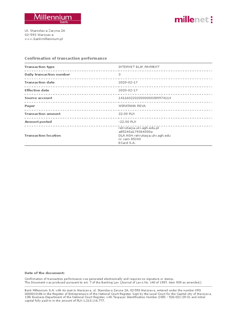 Confirmation of Transaction Performance | PDF