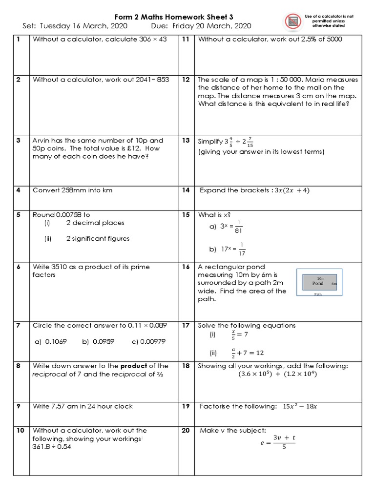 Year 8 Maths Homework Sheet | PDF | Significant Figures | Mathematical ...
