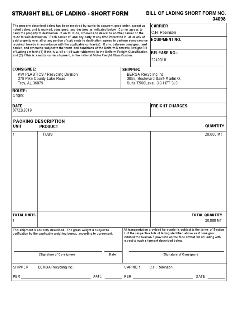 Short Form Straight Bill of Lading | PDF | Cargo | Bill Of Lading