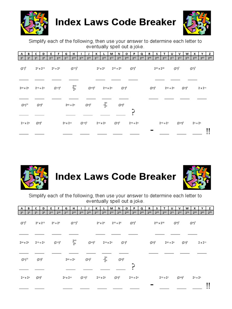 Index Laws Code Breaker Puzzle | PDF