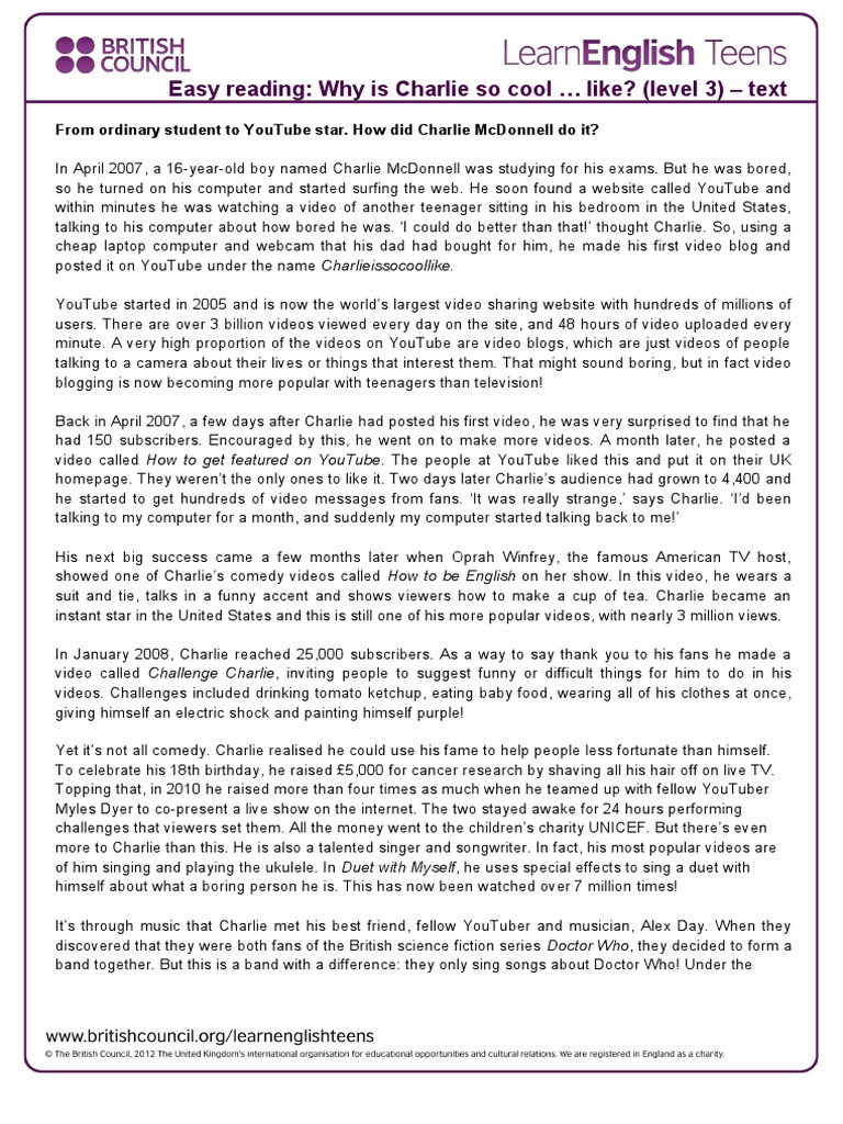 Easy Reading: Why Is Charlie So Cool Like? (Level 3) - Text | PDF | You ...