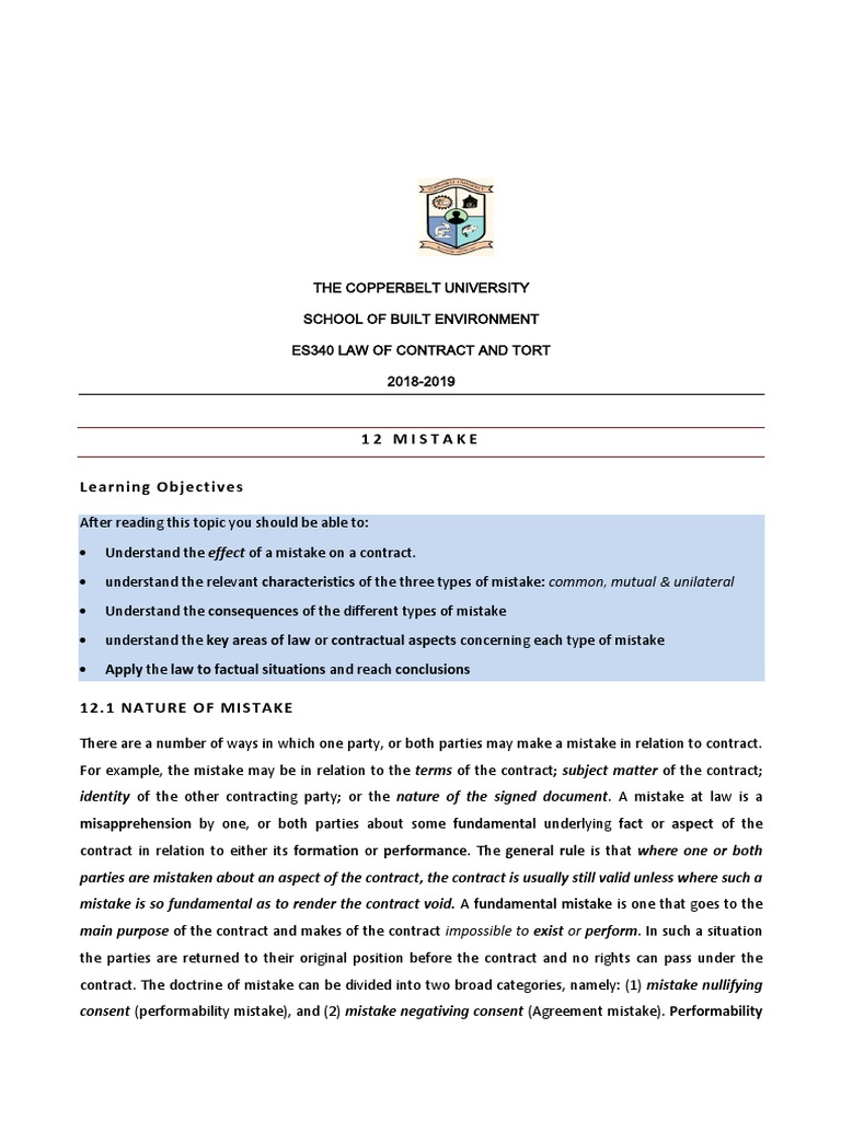 Types of Mistakes in Contract Law | PDF | Misrepresentation | Damages