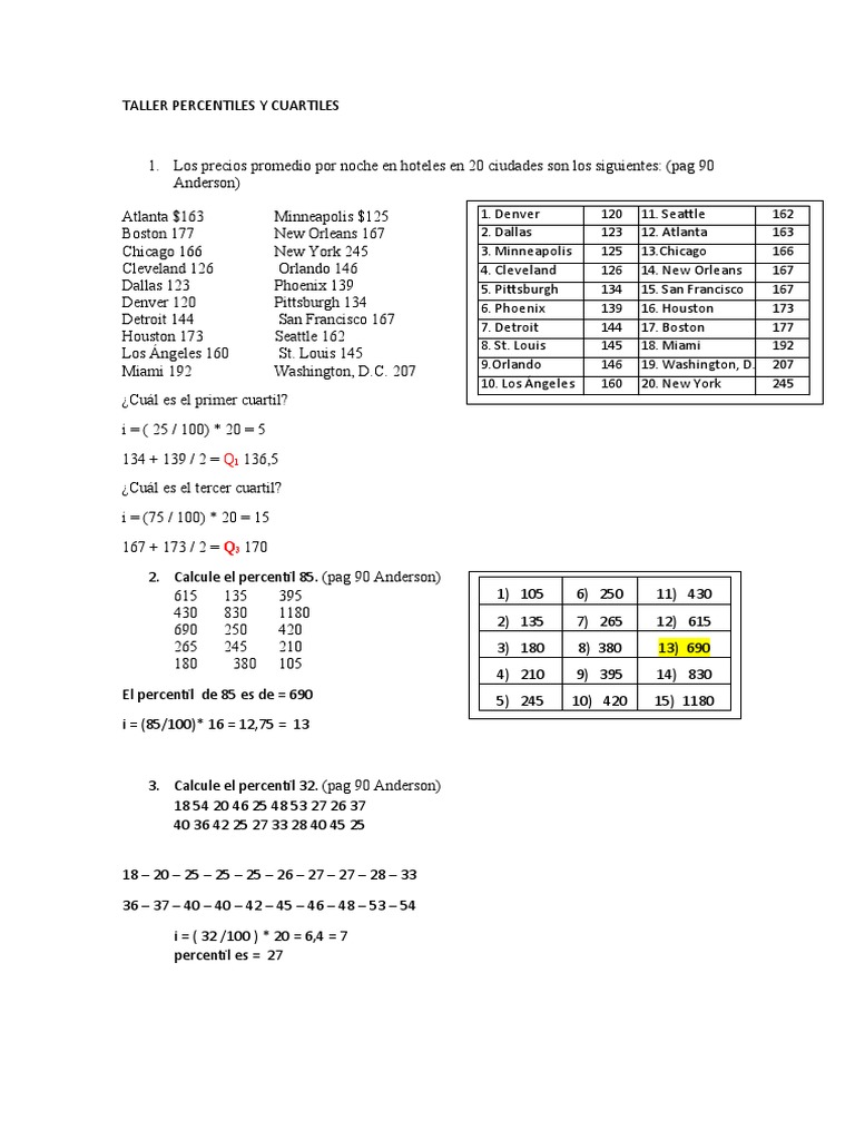 Taller Percentiles y Cuartiles | PDF | Métodos y materiales de enseñanza