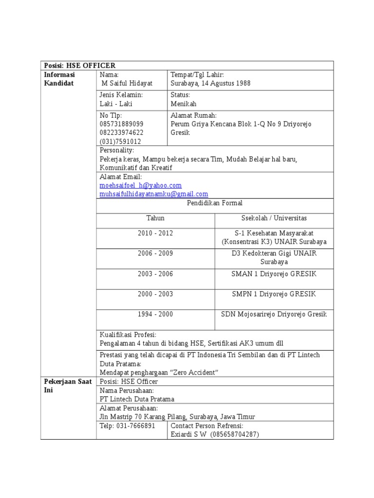 Cv Safety Officer Pdf
