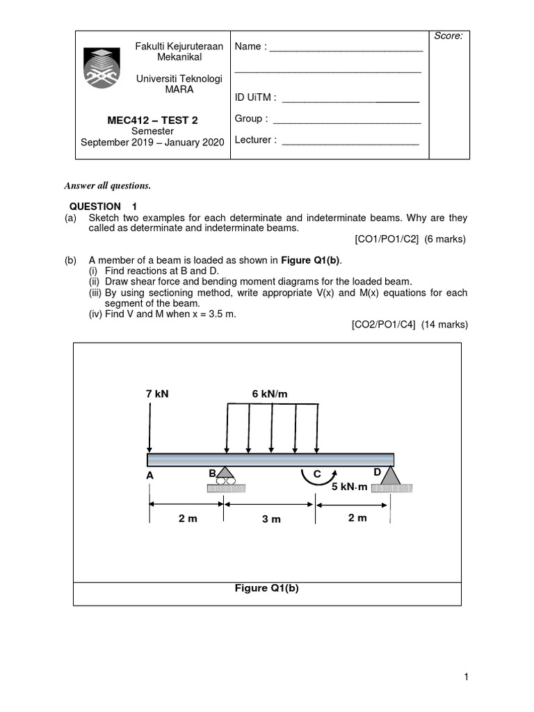 MEC412 Test 2: Beam Analysis and Centroids | PDF | Beam (Structure ...