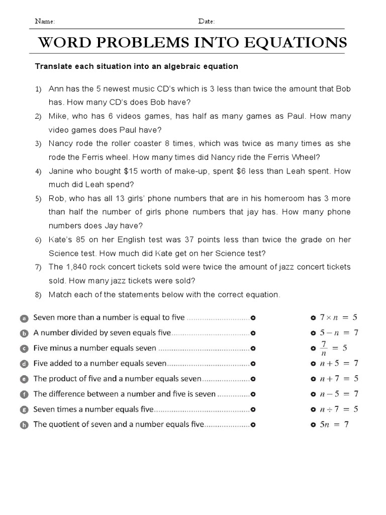 Grade 7 Algebra Word Problems Guide | PDF | Equations | Mathematical ...