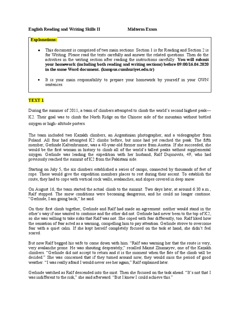 English Reading and Writing Skills II Midterm Exam Explanations | PDF ...
