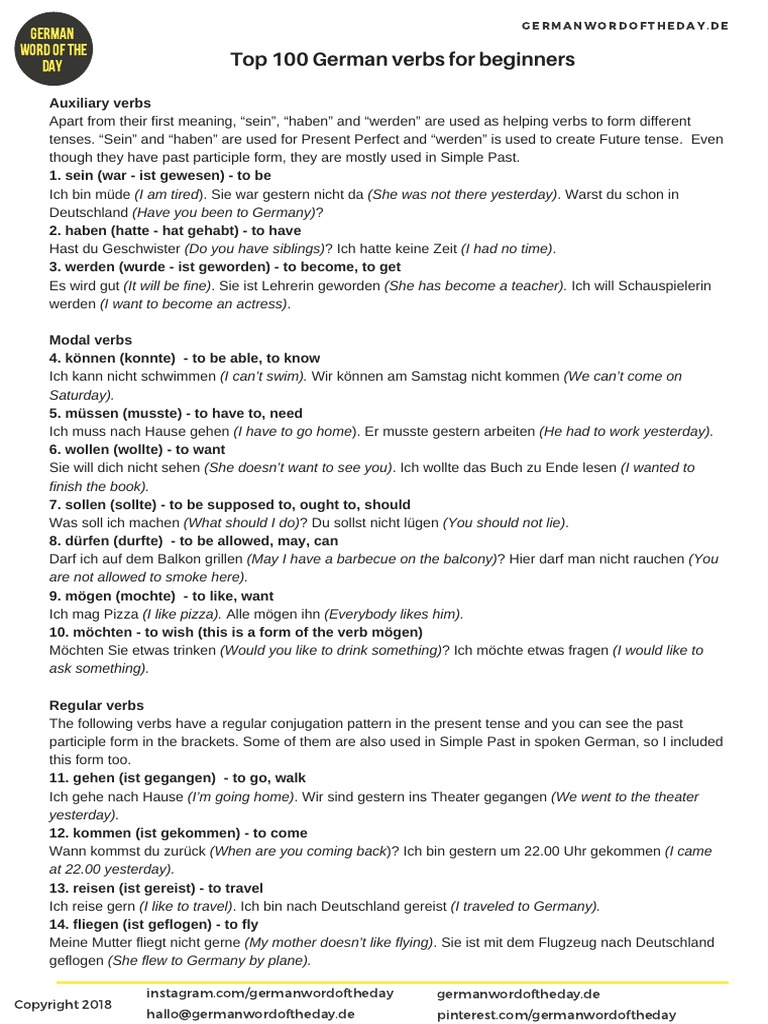 Top 100 German Verbs For Beginners PDF | PDF