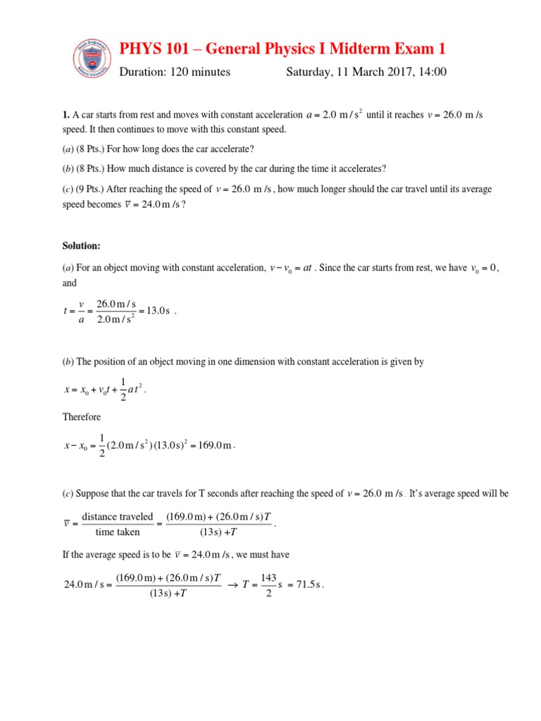 PHYS 101 - General Physics I Midterm Exam 1: Duration: 120 Minutes ...
