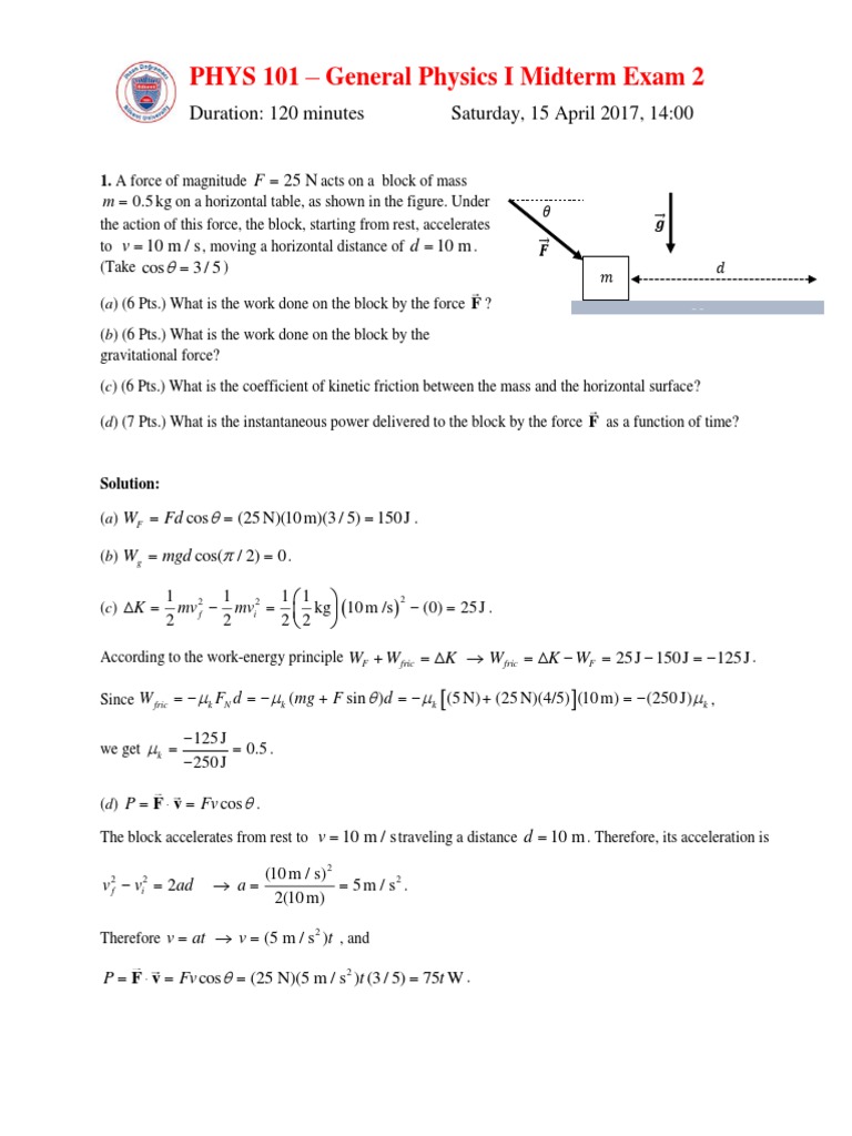 PHYS 101 - General Physics I Midterm Exam 2: Duration: 120 Minutes ...
