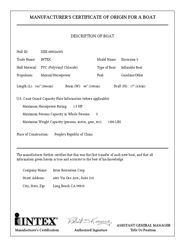 Manufacturer'S Certificate of Origin For A Boat | PDF | Boats