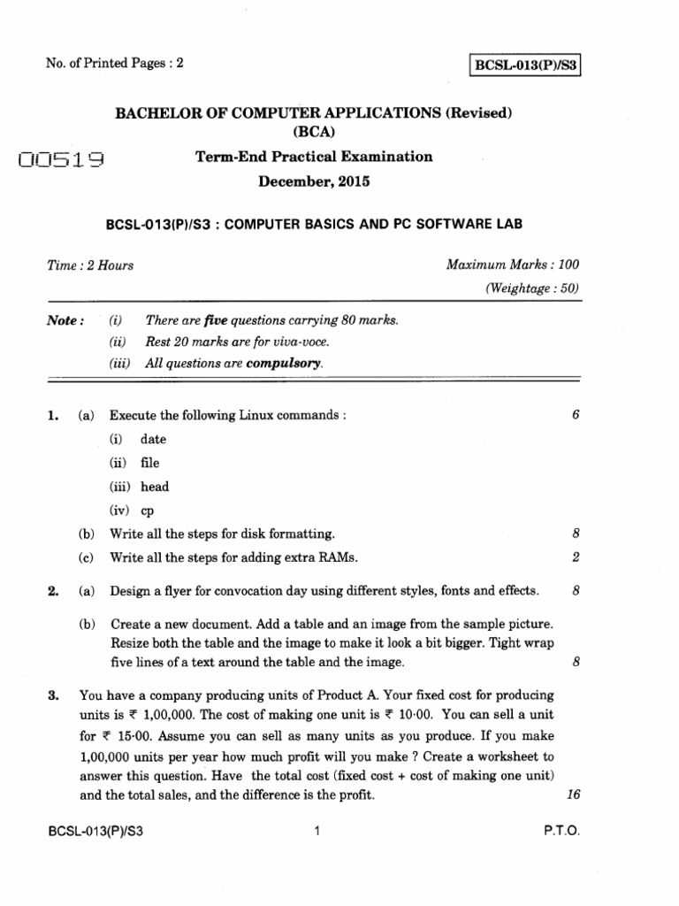 Bachelor of Computer Applications (Revised) (BCA) Term-End Practical Examination December, 2015 ...