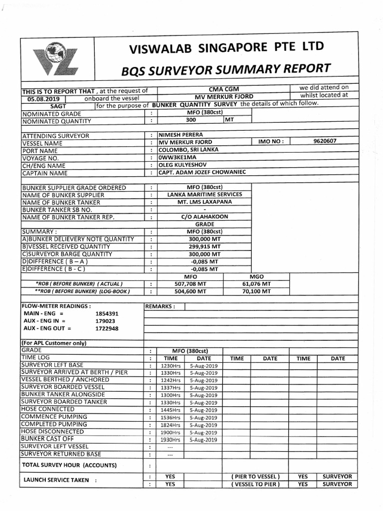 Merkur Fjord Bunker Survey 05.08.2019 PDF | PDF | Fuel Oil | Oil Tanker