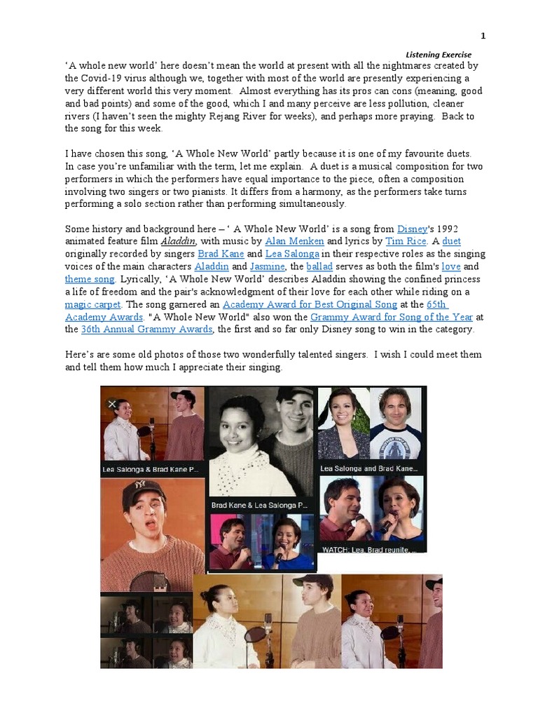 'A Whole New World' Listening Exercise | PDF | Entertainment (General)