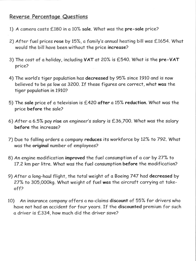 Reverse Percentage Change Questions | PDF