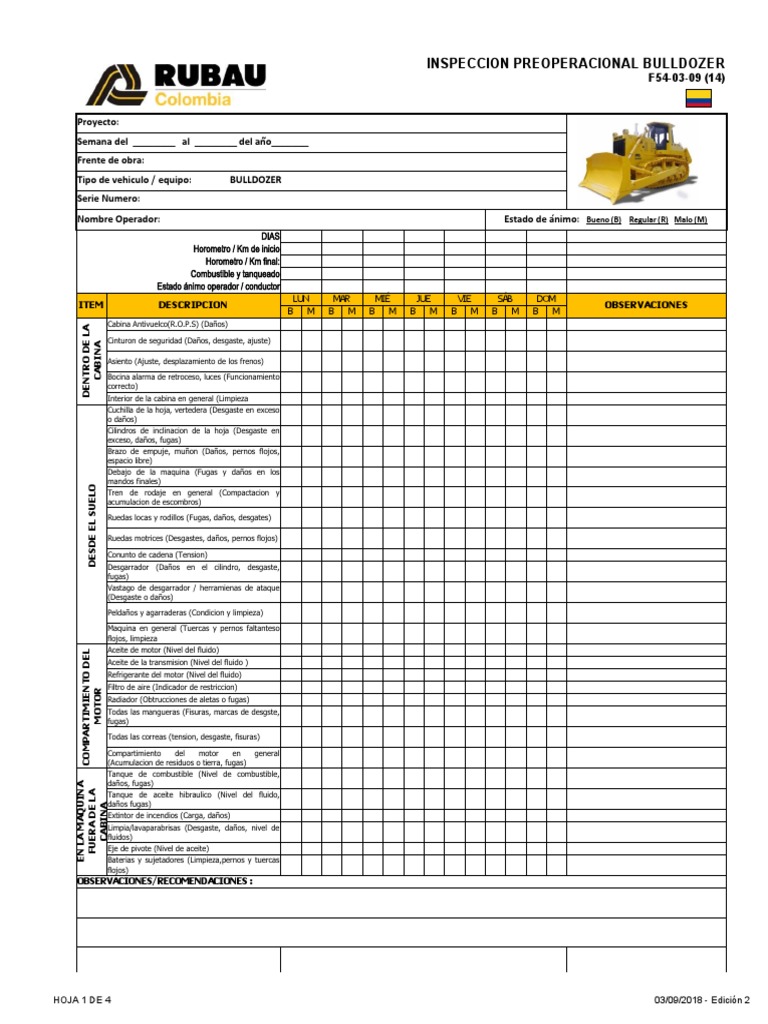 F54-03-09 (14) Inspeccion Preoperacional Bulldozer - E2 | PDF ...