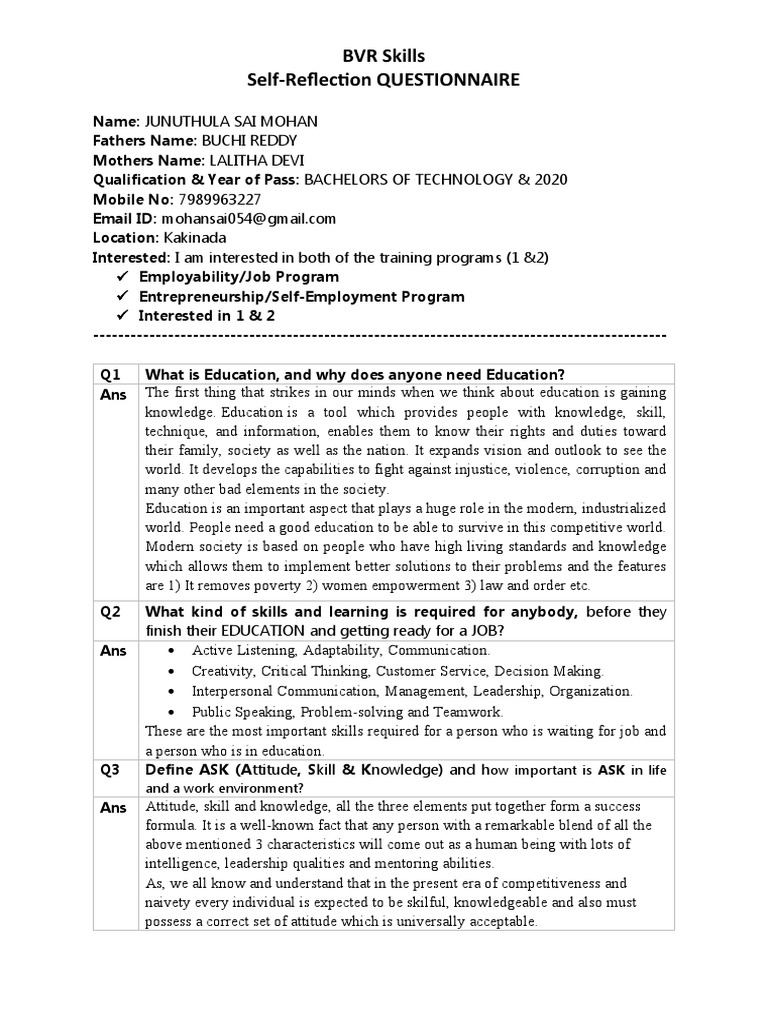 BVR Skills Self-Reflection QUESTIONNAIRE: Ow Important Is ASK in Life ...