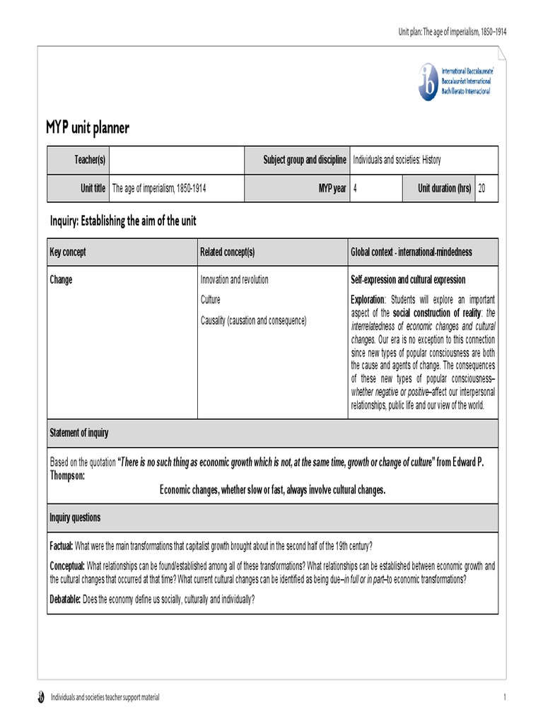MYP Unit Planner: Inquiry: Establishing The Aim of The Unit | PDF ...