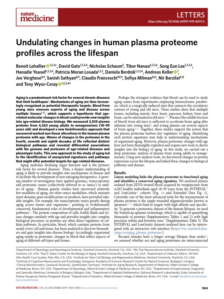 Undulating Changes in Human Plasma Proteome Profiles Across The Lifespan | PDF | Proteomics | Ageing