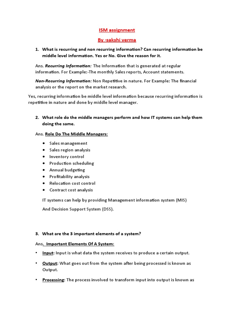 ISM Assignment by - Sakshi Verma: Non-Recurring Information: Non Repetitive in Nature. For ...