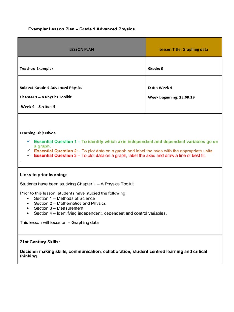 Exemplar Lesson Plan Week 4 Graphing Data Pdf Lesson Plan