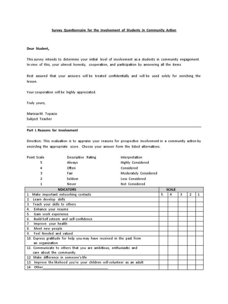 Questionnaire For The Community Engagement | PDF | Teachers | Behavior ...