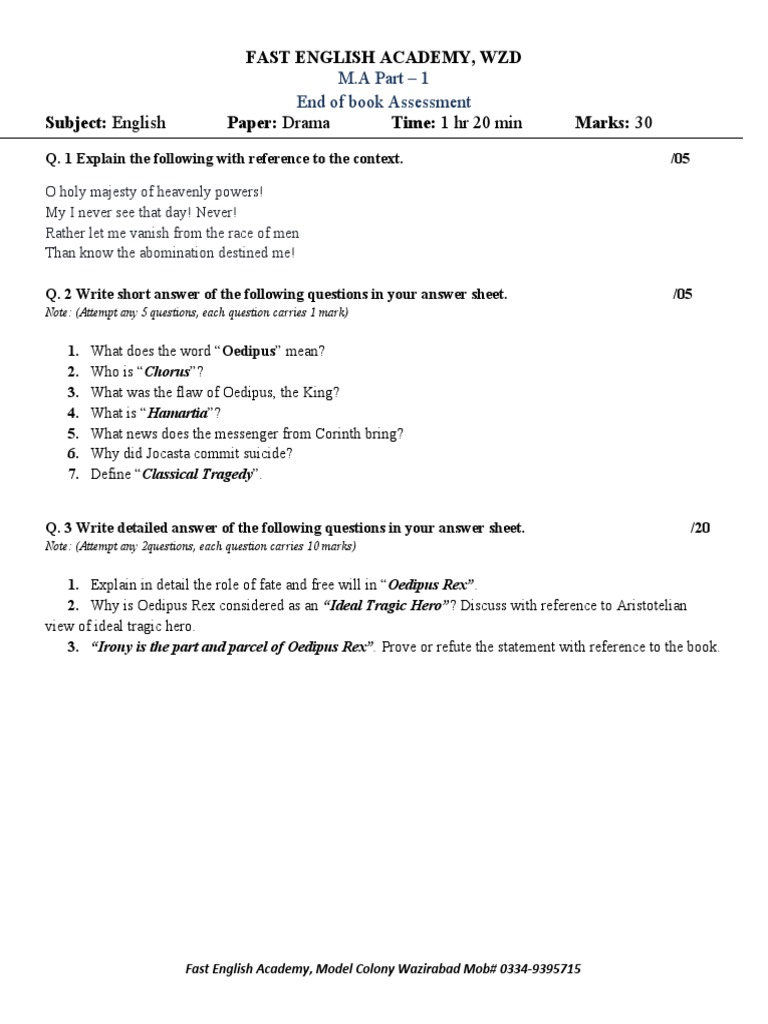 Fast English Academy, WZD: M.A Part - 1 End of Book Assessment | PDF ...