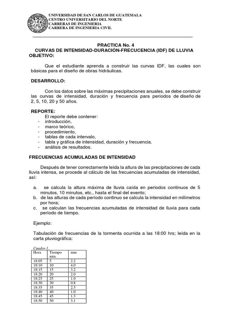 Practica No. 4 Curvas IDF | PDF | Fenómenos Meteorológicos | Lluvia