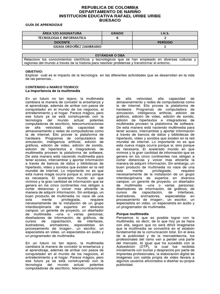 Guia Informatica Grado Octavo PDF | PDF | Multimedia | Internet