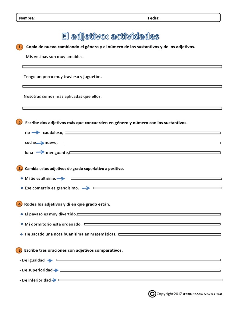 Hoja De Trabajo Sobre Los Tipos De Adjetivos Nouns And Adjectives