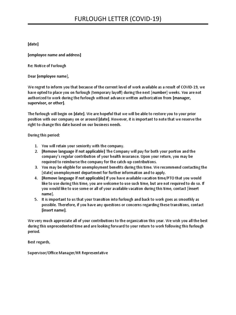 Furlough Letter (Covid-19) : (Date) (Employee Name and Address) | PDF