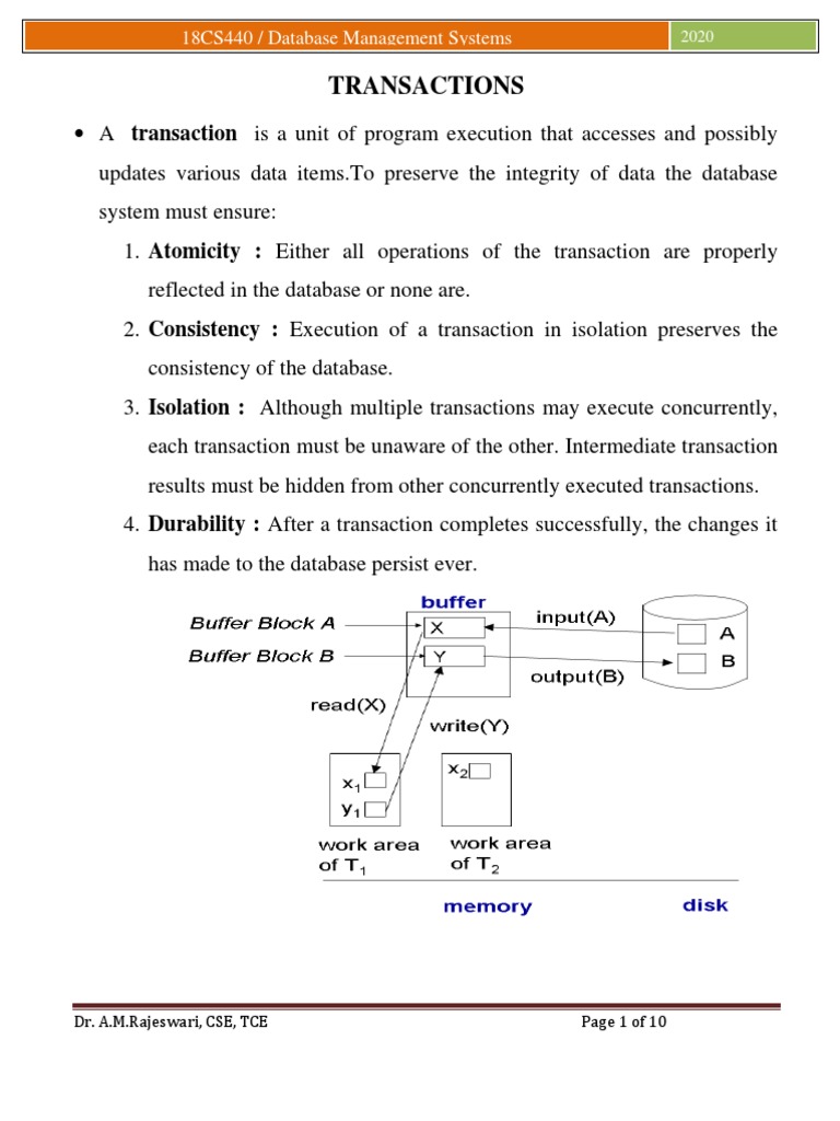 Transactions: 18CS440 / Database Management Systems | PDF | Database Transaction | Synchronization