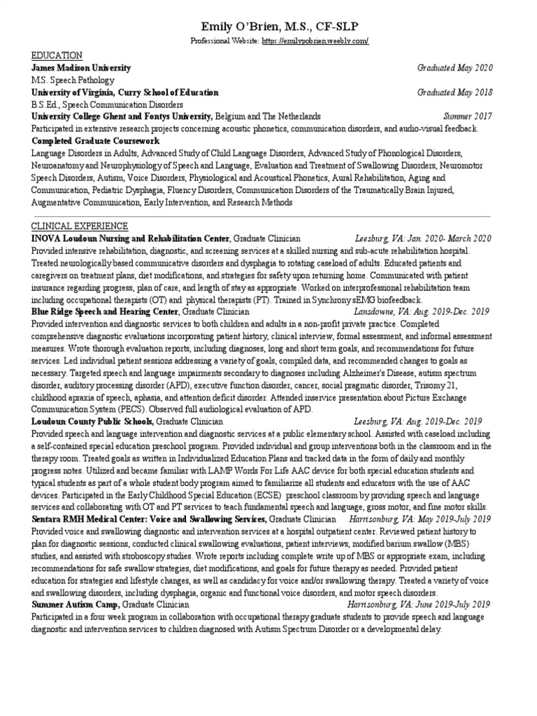 Emily Obrien Resume Portfolio | PDF | Physical Therapy | Speech Language Pathology