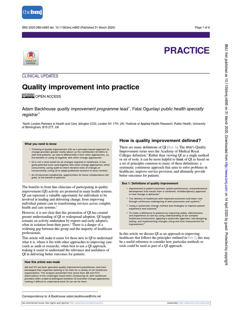 2020 - Quality Improvement Into Practice | PDF | Health Care | Physical Therapy