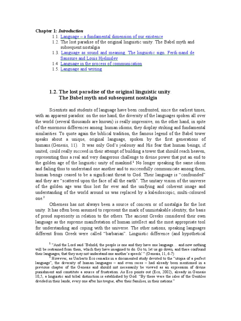 1.2. The Lost Paradise of The Original Linguistic Unity. The Babel Myth ...