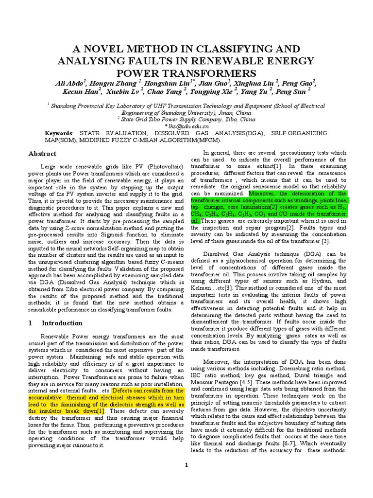 A Novel Method in Classifying and Analysing Faults in Renewable Energy Power Transformers | PDF ...