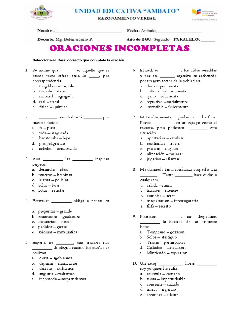 Ejemplos de Oraciones Incompletas | PDF