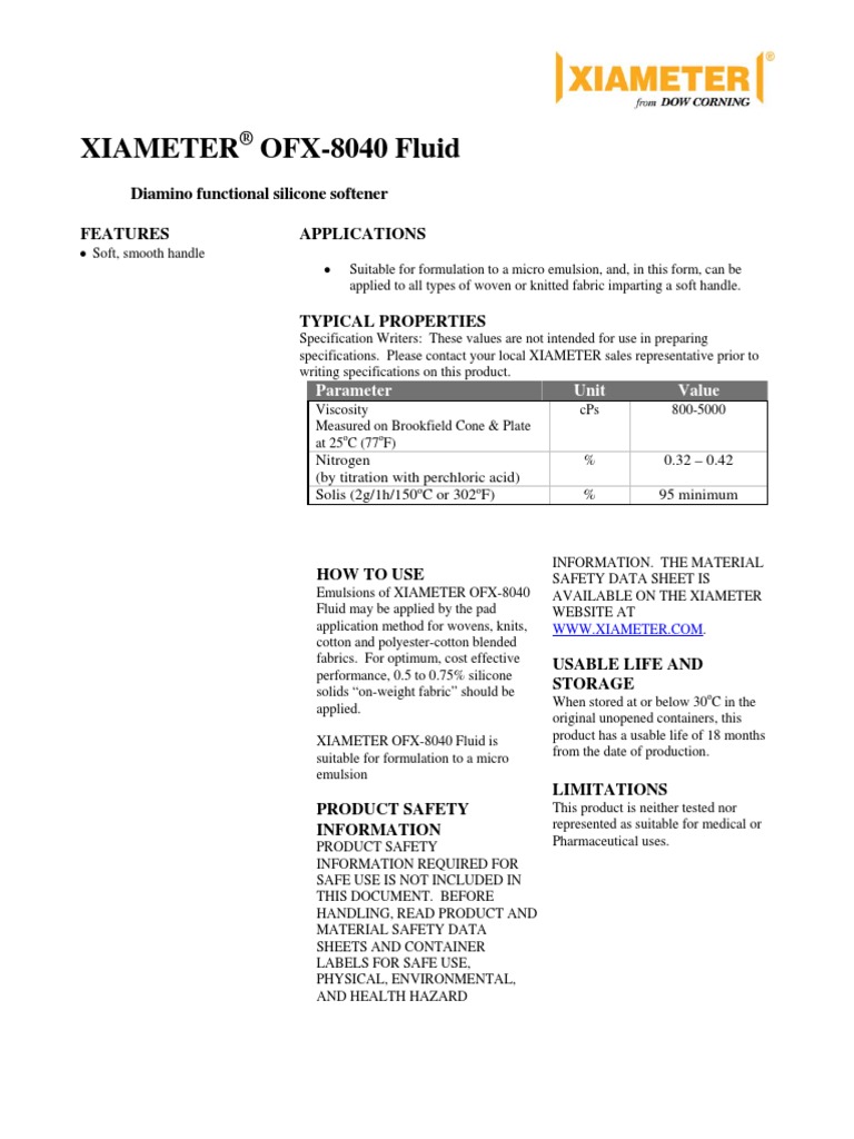 Xiameter Ofx 8040 Fluid | PDF | Silicone | Textiles