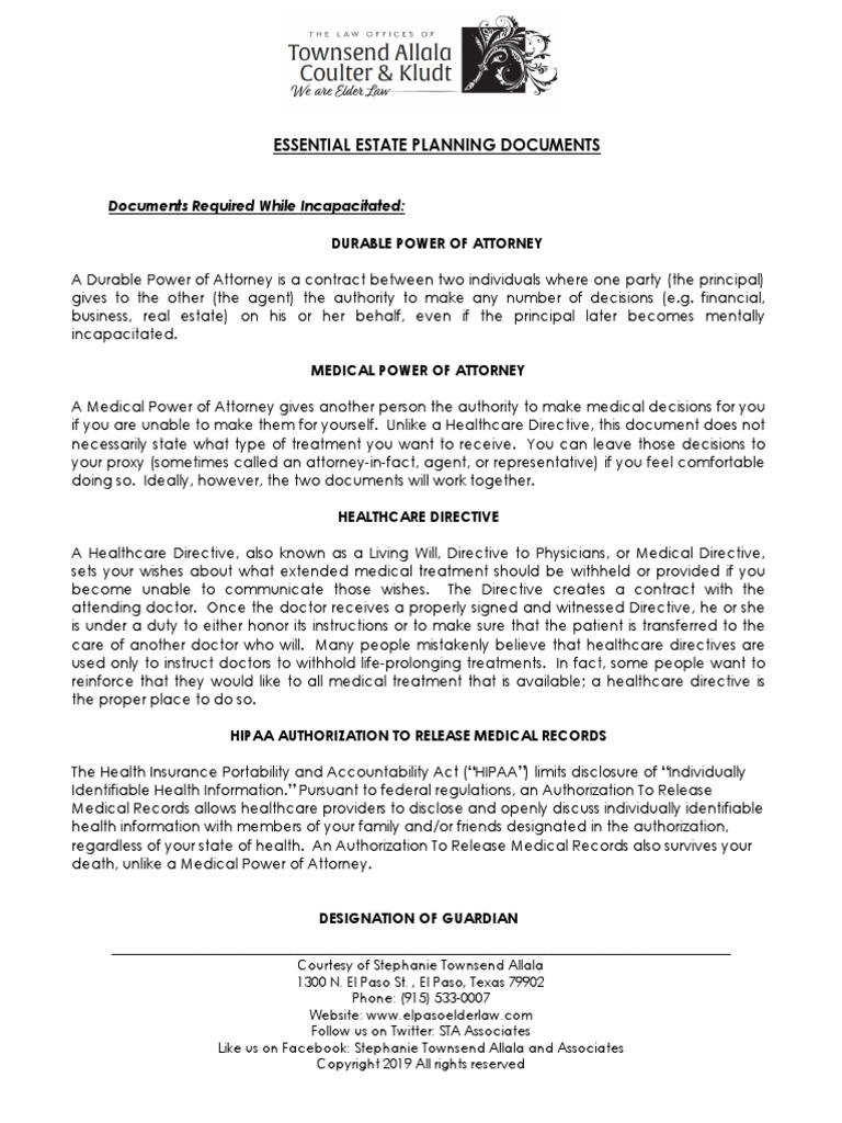 Essential Estate Planning Documents | PDF | Power Of Attorney | Health ...