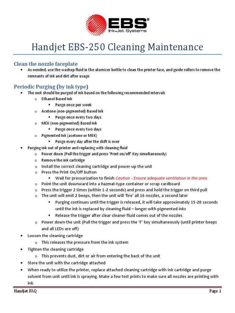 Handjet EBS-250 Cleaning Maintenance: Clean The Nozzle Faceplate | PDF