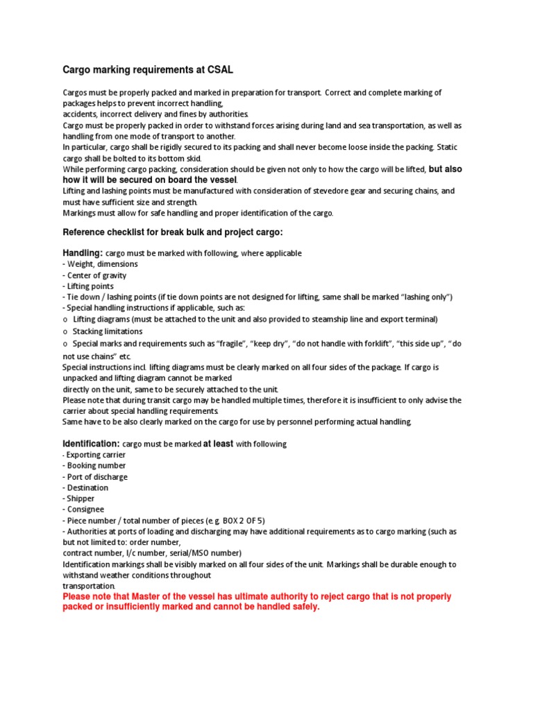 Cargo Marking Requirements at CSAL | PDF | Cargo | Transport