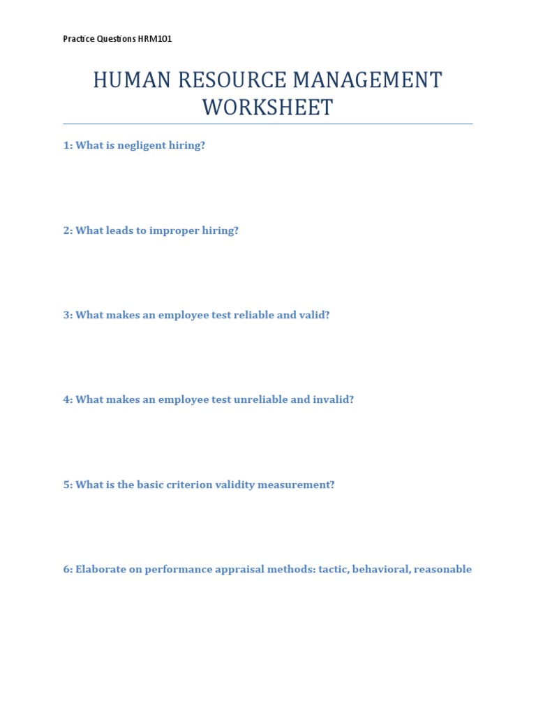 Human Resource Management Worksheet: Practice Questions HRM101 | PDF
