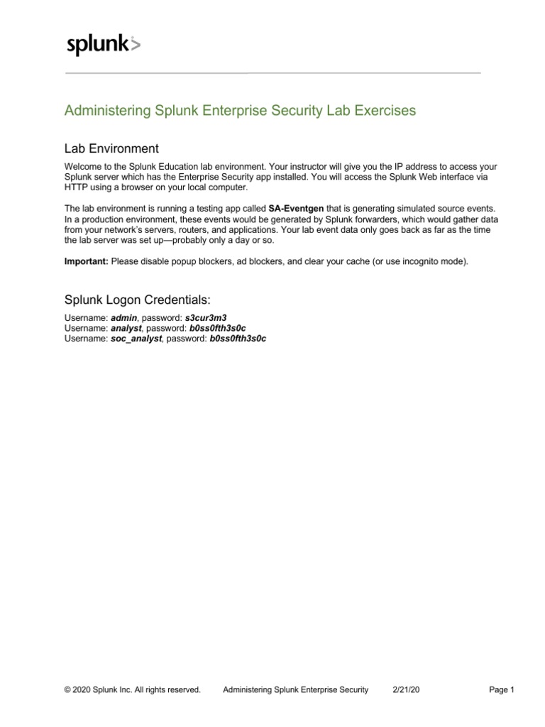 Administering Splunk Enterprise Security Lab Exercises | PDF | World Wide Web | Internet & Web