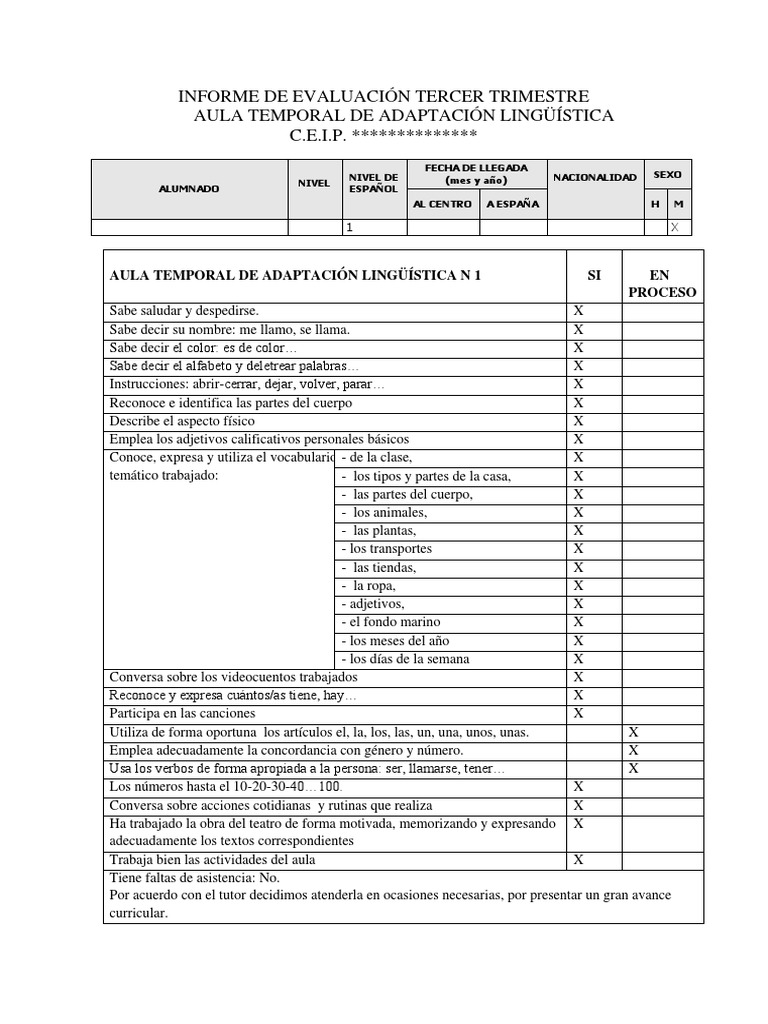 Informe de Evaluación Tercer Trimestre Nivel1 Español | PDF | Salón de ...
