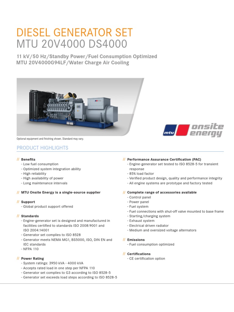 MTU 20V4000 DS4000: Diesel Generator Set | Download Free PDF | Rotating ...