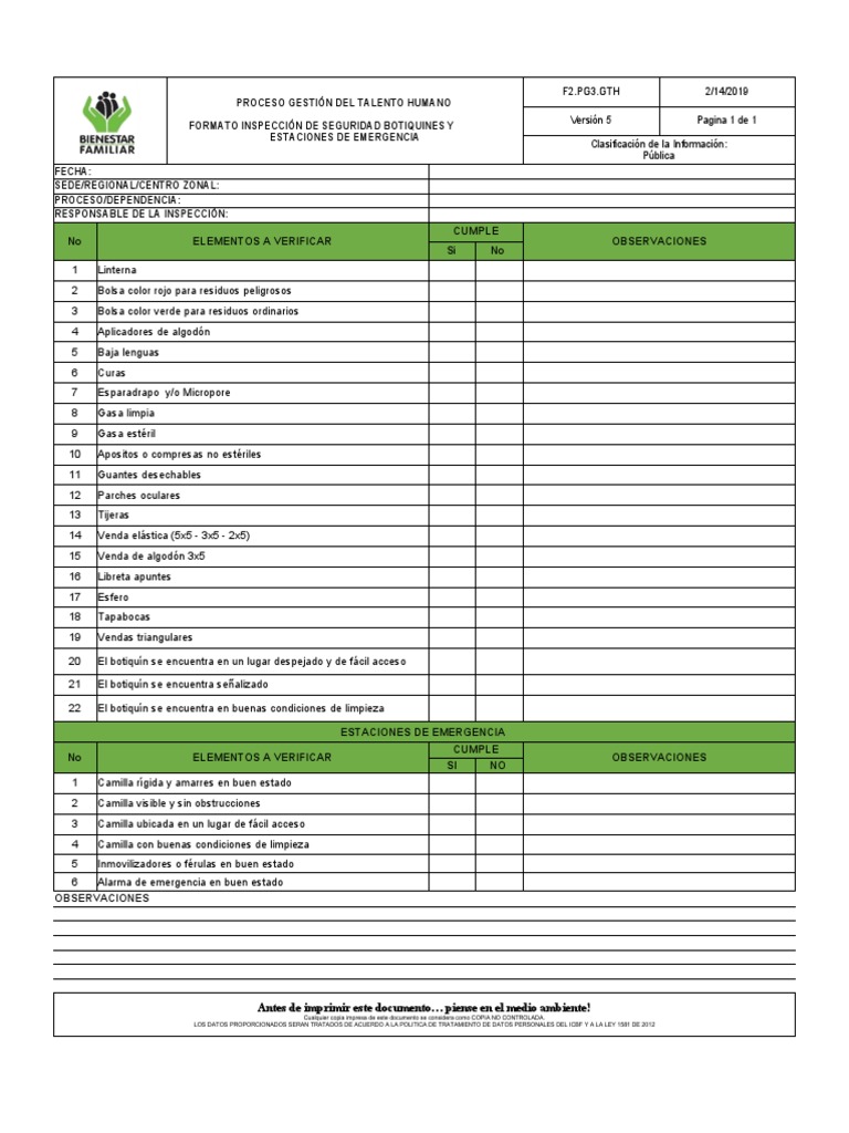 f2.pg3 .GTH Formato Inspeccion de Botiquines y Estaciones de Emergencia v5 | PDF | Salud y ...